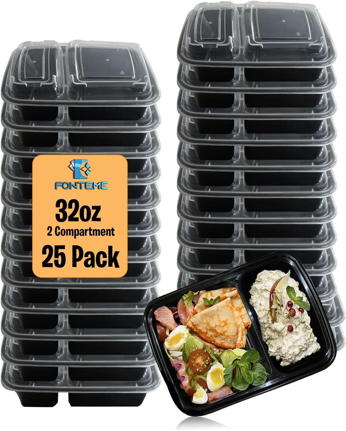 Fonteme 2 Compartment Meal Prep 25 Pack Food Container with Airtight ...