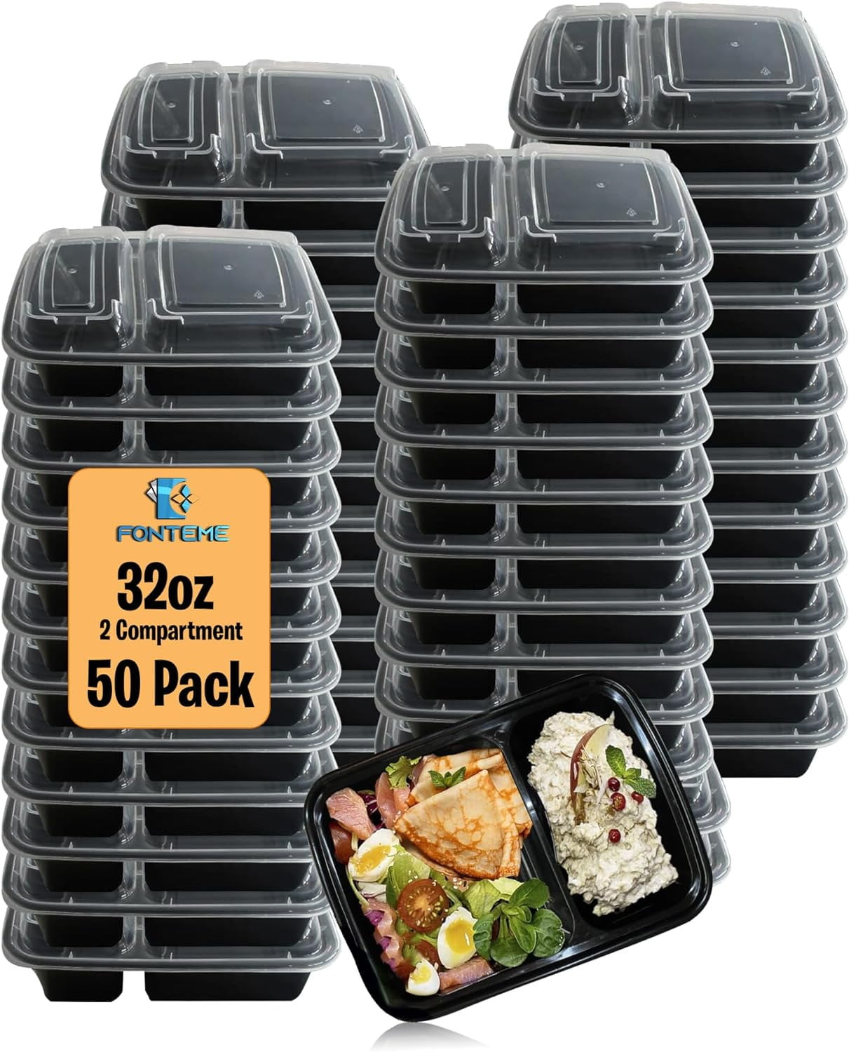 Fonteme 2 Compartment Meal Prep (50 Pack) Food Container with Airtight ...