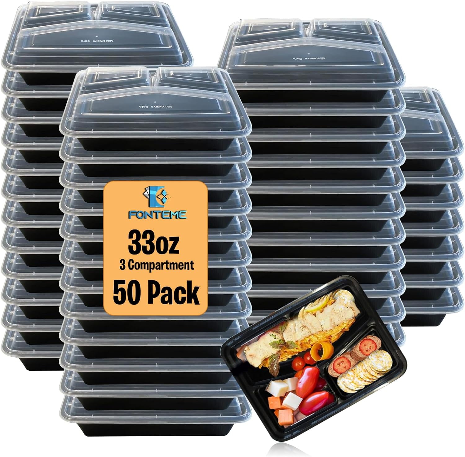 Fonteme 3 Compartment Meal Prep (50 Pack) Food Container with Airtight ...