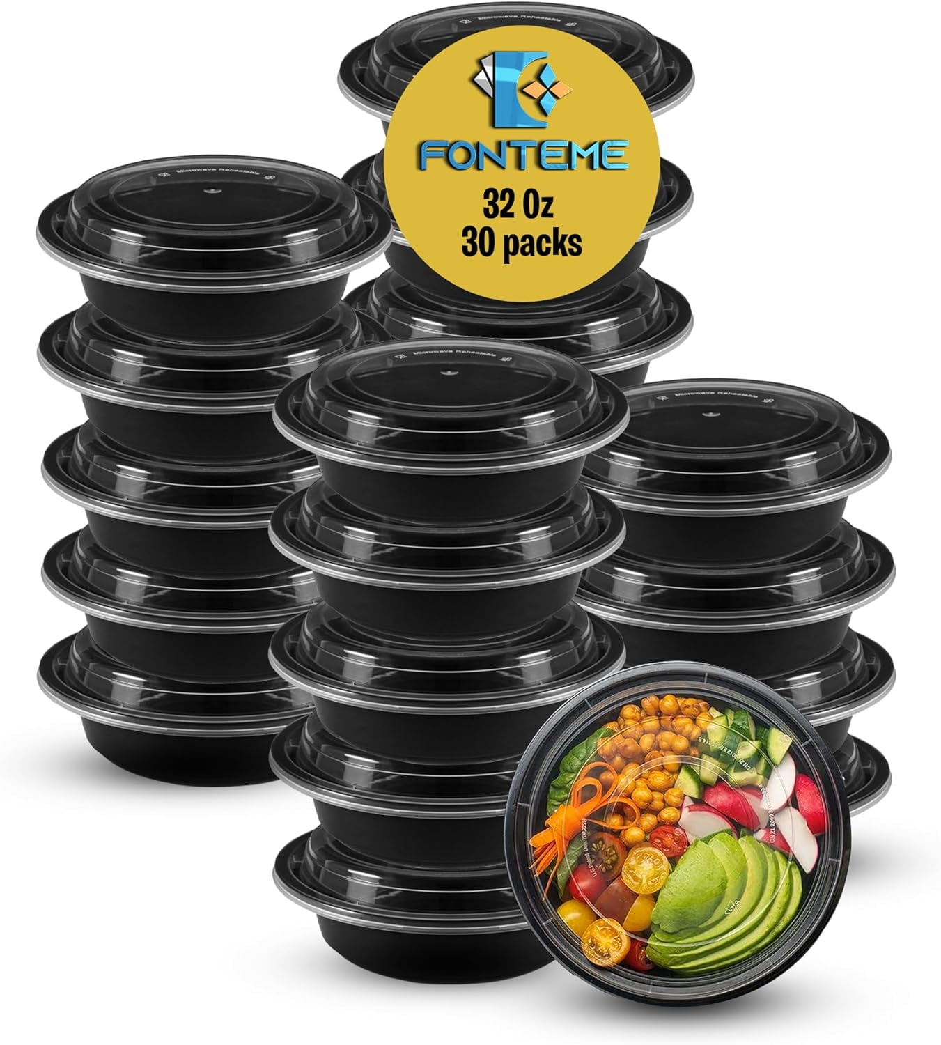 Fonteme 32 oz Round Meal Prep Container with Lids – 30 Pack ...