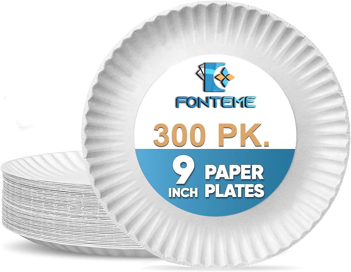 Fonteme 9-Inch Disposable Paper Plates – 300 Count | White & Uncoated ...