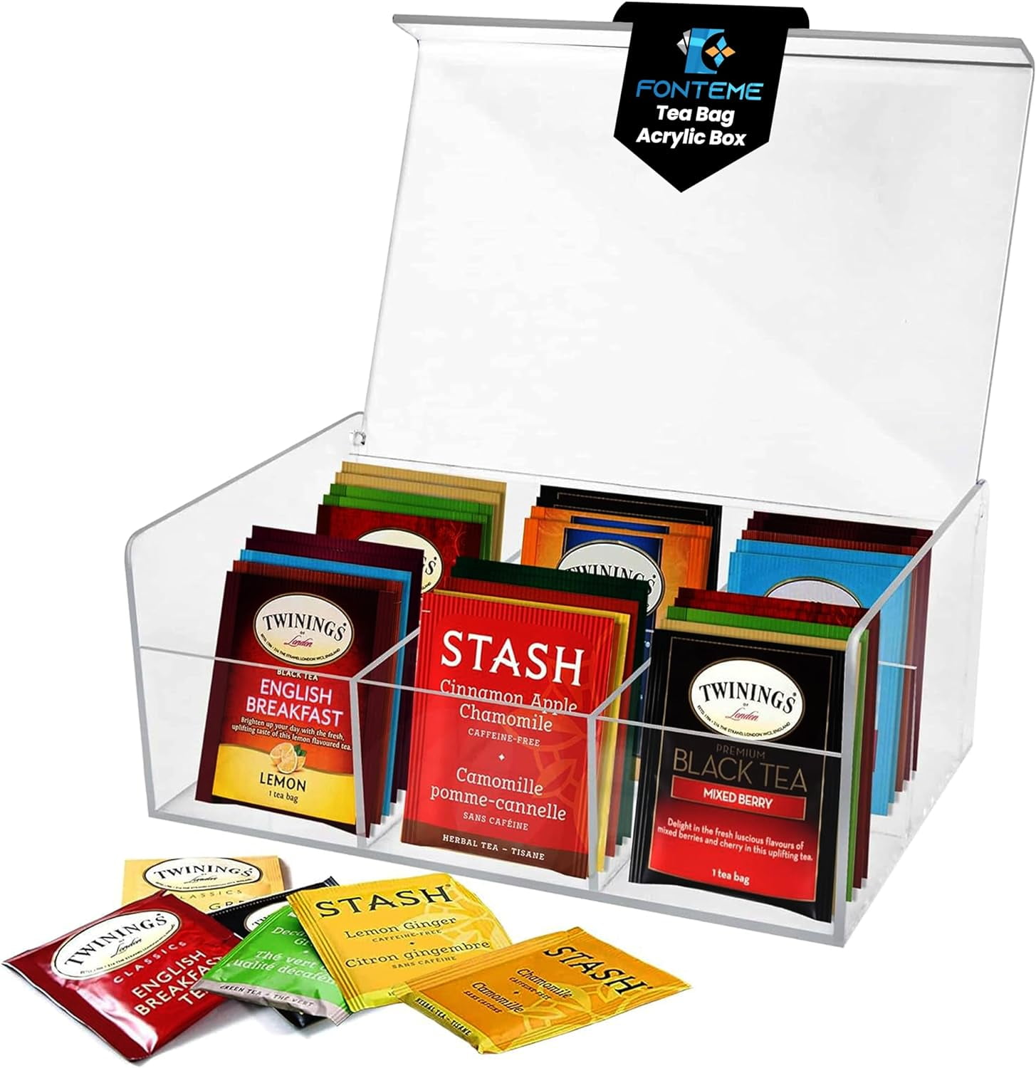Fonteme Acrylic Tea Bag Organizer Divided Storage Box - Hinged Lid ...