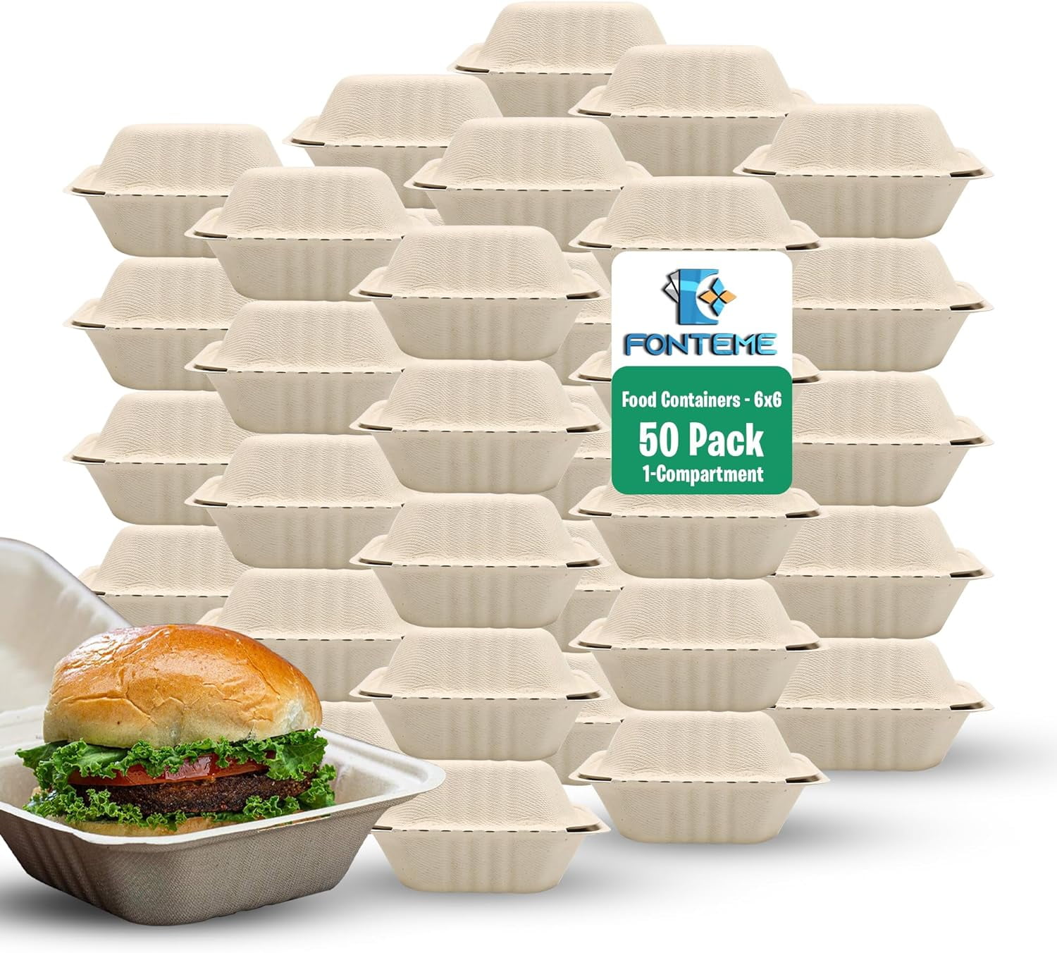 Fonteme Clamshell Take Out Food Containers [6X6 50-Pack] | 100% ...