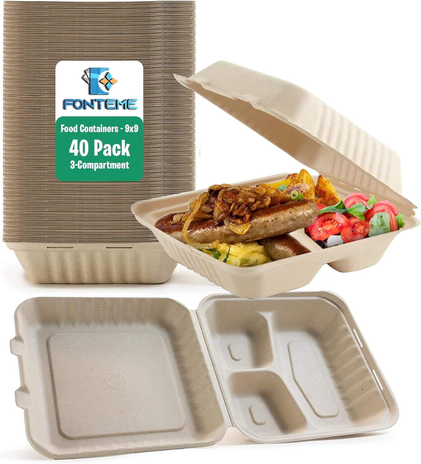 Fonteme Clamshell Take Out Food Containers [9X9 40-Pack] | Meal Prep Containers with 3 ...