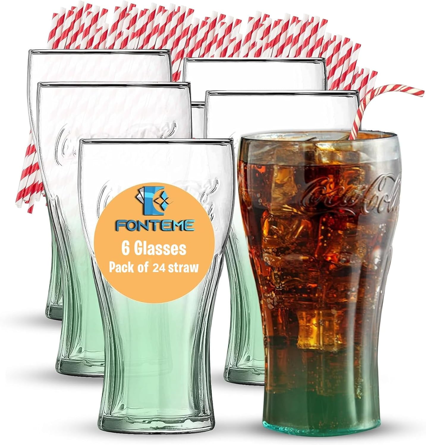 Fonteme Set of 6 Coca Cola Libbey Green Glasses with 24 Straws - 16 3/4 ...