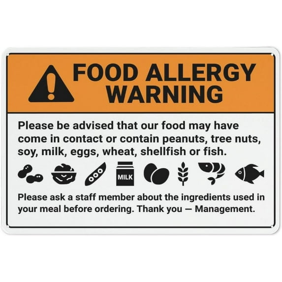 Food Allergy Warning Symbols Sign 12 X 8 Inches Reflective Aluminum ...