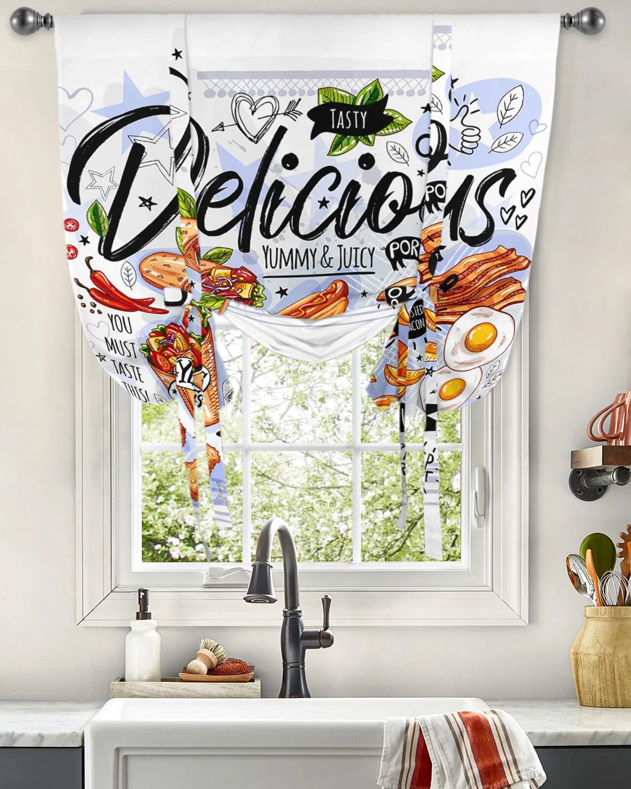 Food Graffiti Hot Dog Bacon Curtains for Living Room Bedroom Modern Tie ...