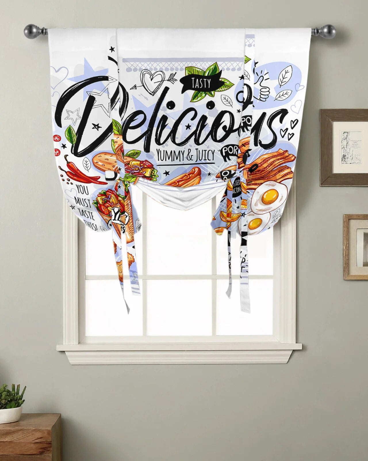 Food Graffiti Hot Dog Bacon Kitchen Short Window Curtain Rod Pocket ...