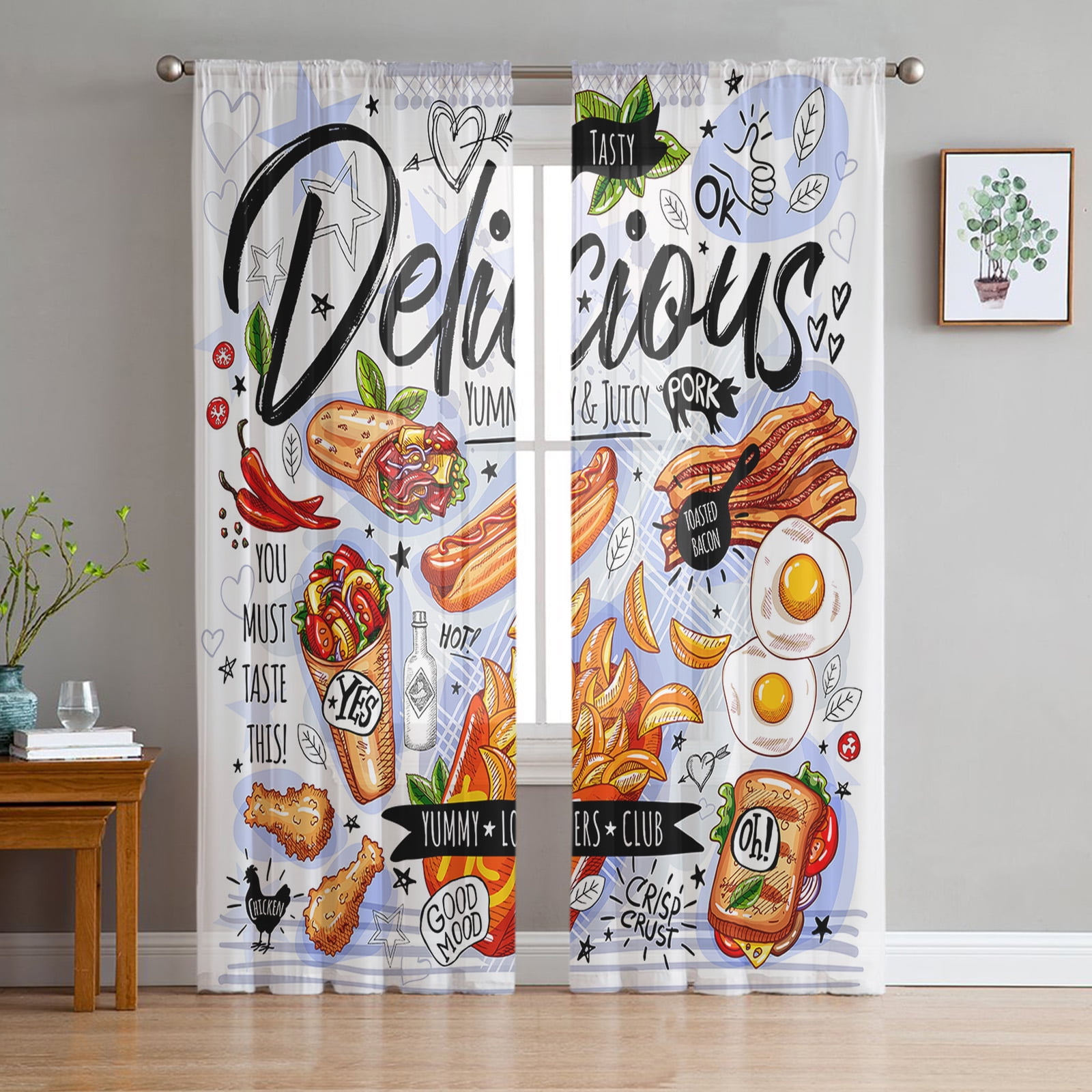 Food Graffiti Hot Dog Bacon Sheer Curtains For Living Room Bedroom ...