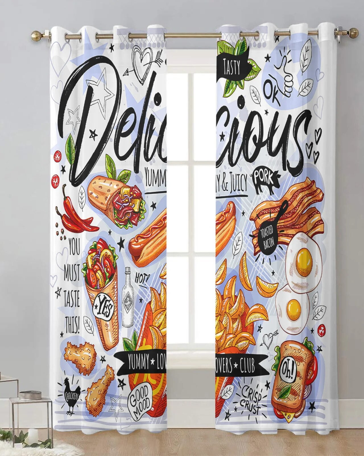 Food Graffiti Hot Dog Bacon Voile Hanging Curtain Living Room Sheer ...