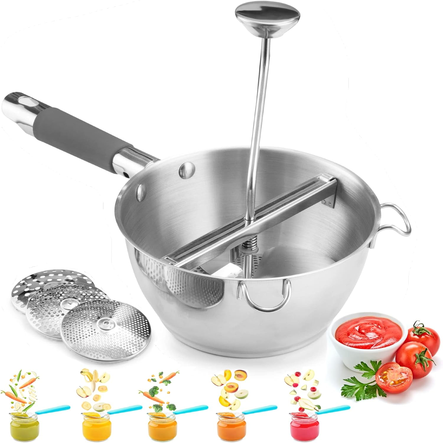 Food Mill Stainless Steel - 3 food grinder Discs - Potato ricer for ...