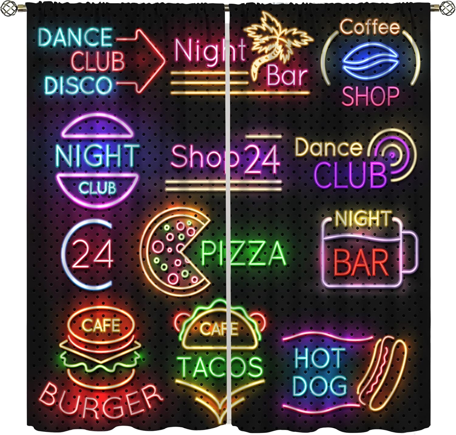 Food Print Kitchen Curtains, Grungy Dineer Fast Food Neon Signs Pattern ...