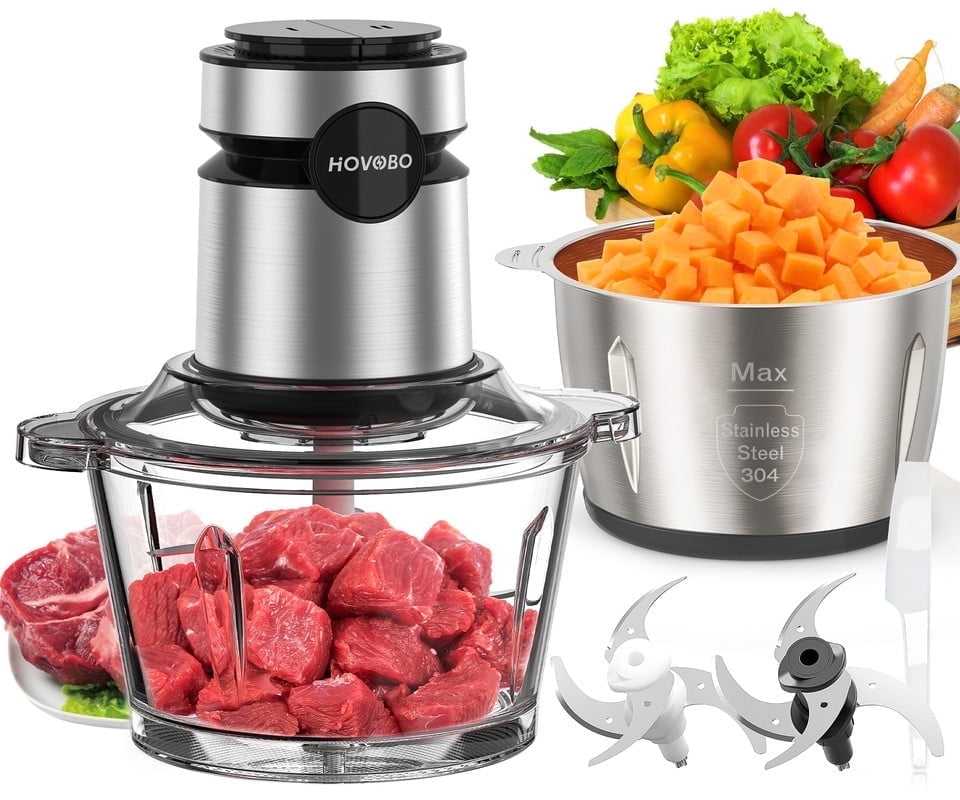 Food Processor, 500W Electric Meat Grinder Food Chopper with Two 8 Cup Bowls & 2 Bi-Level Blades ...
