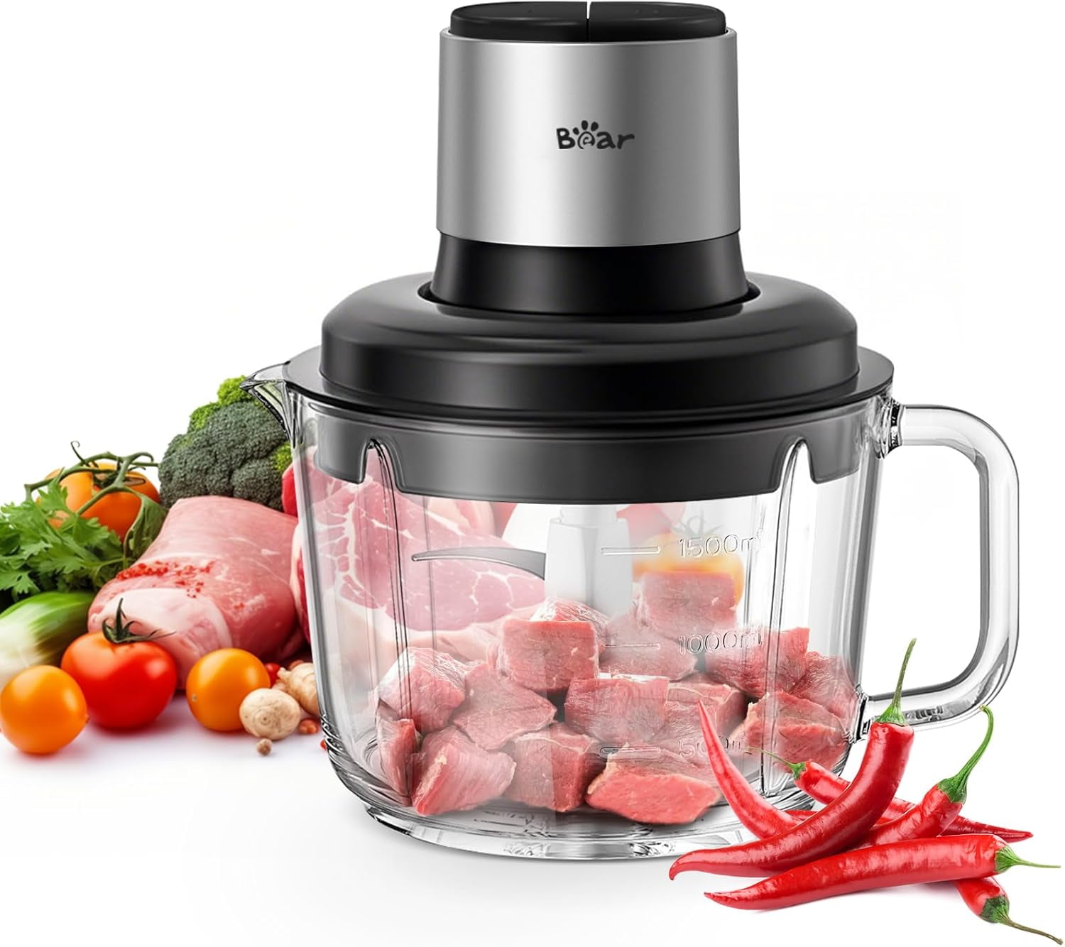 Food Processor, Electric Chopper with 8 Cup/2L Handheld Glass Bowls, No ...