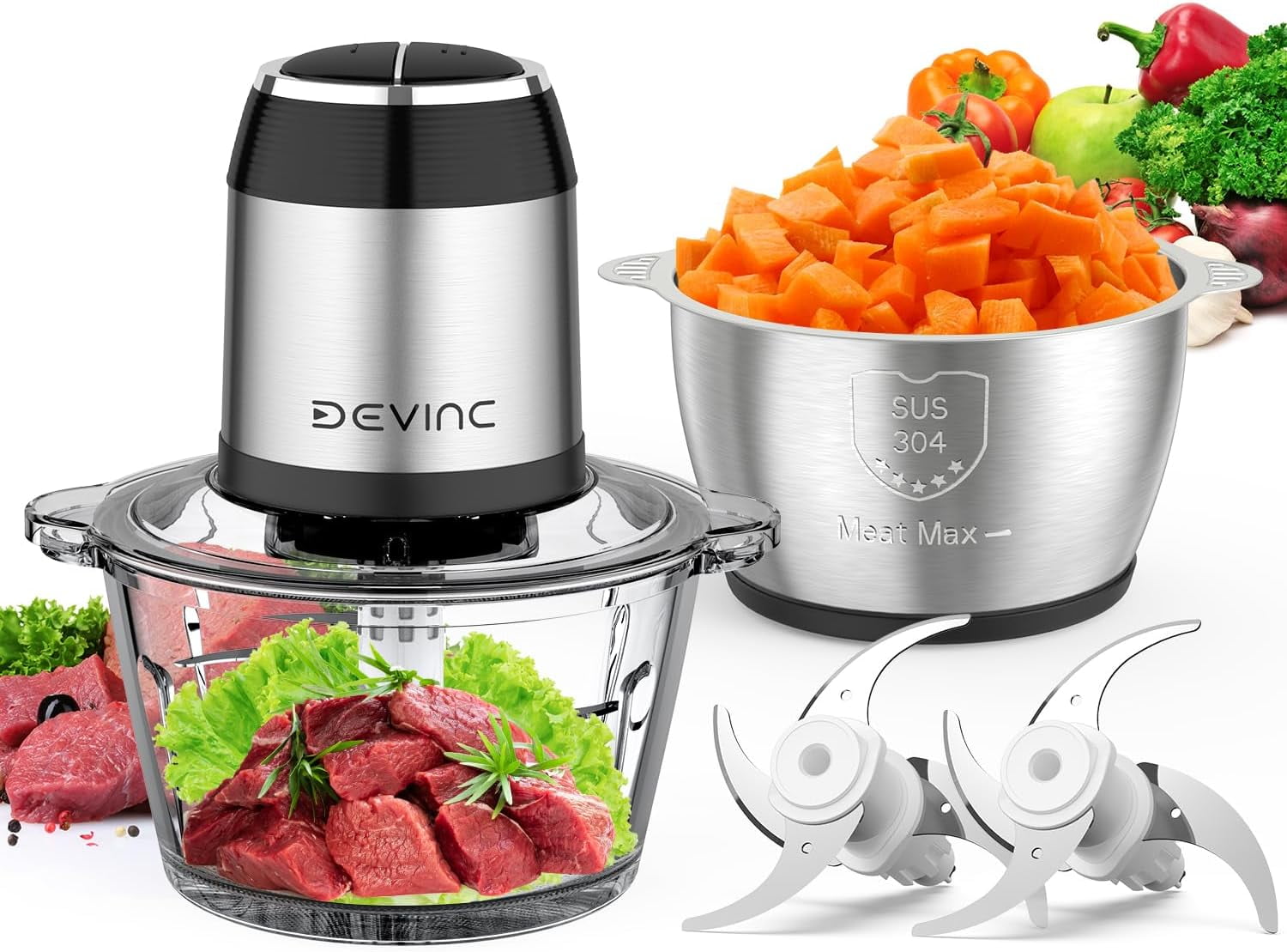 Food Processors, Mini Meat Grinder & Veggie Chopper with 2 Bowls (8 Cup+8 Cup), Electric Food ...