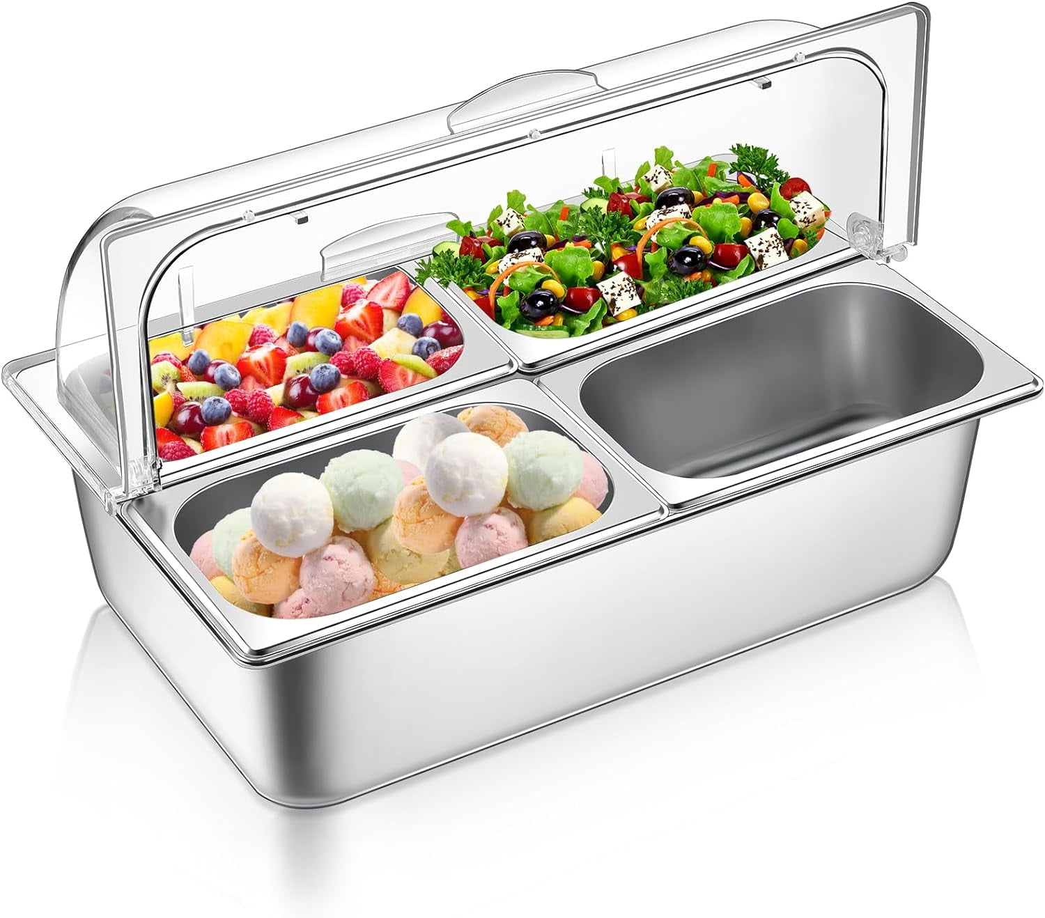 Food Serving Display Container and Clear Roll Top Cover Stainless Steel ...