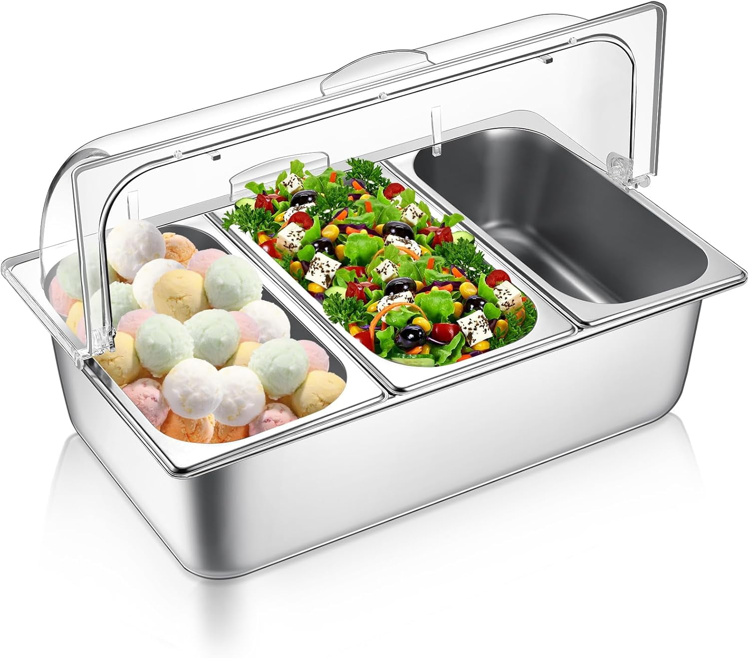 Food Serving Display Container and Clear Roll Top Cover Stainless Steel ...