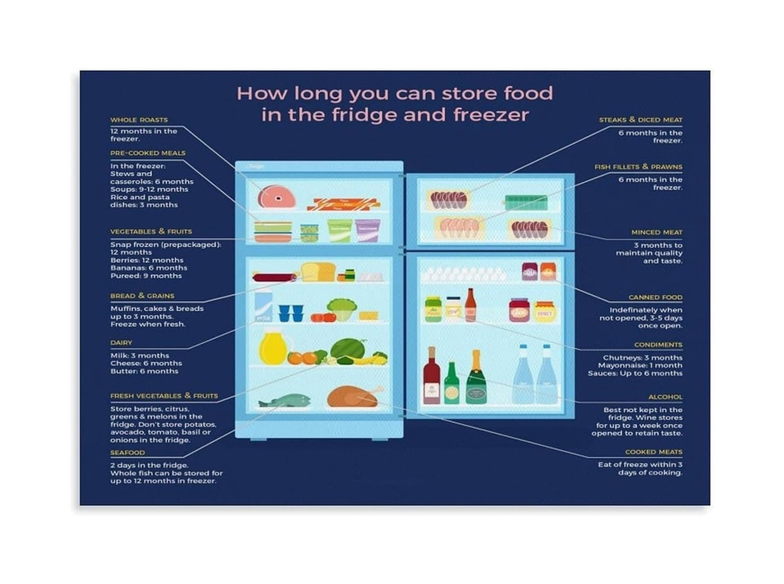 Food Storage Time Chart Poster How Long to Store Food in Fridge and ...