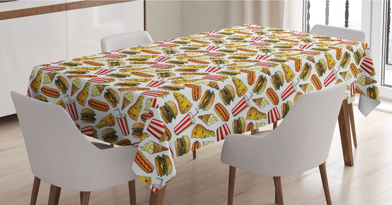 Food Tablecloth, Fun Fast Food Cartoon Hot Dog Hamburger Pizza Slice ...
