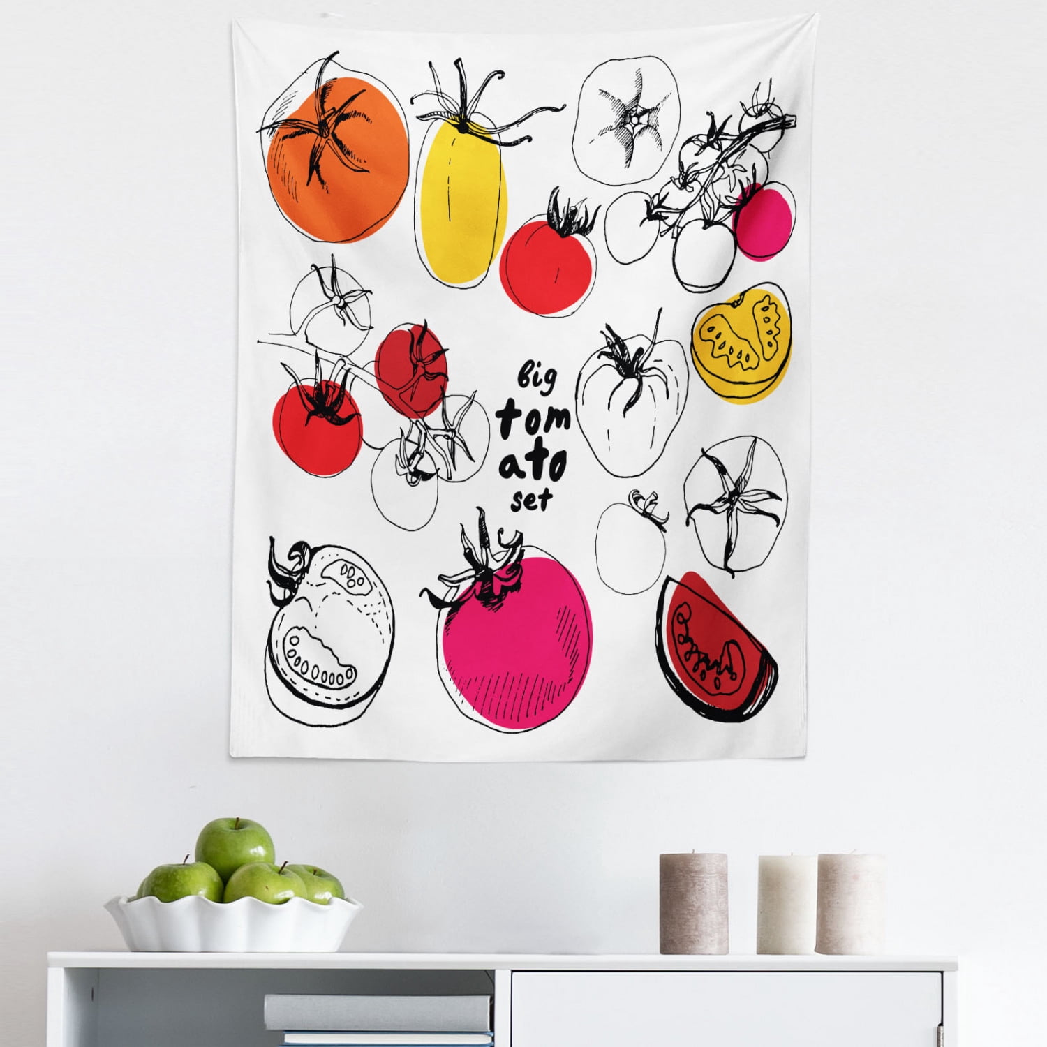 Food Tapestry, Sketched Tomatoes Organic Vegetables in Vivid Colors ...