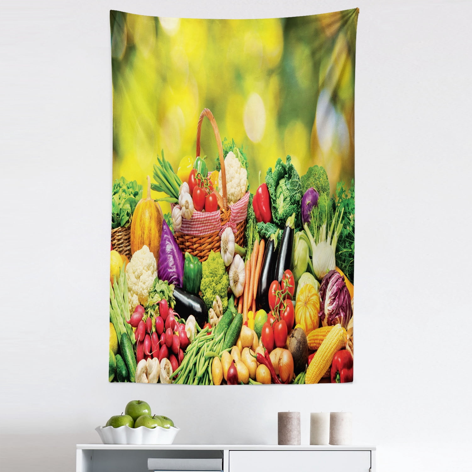 Food Tapestry, Vegetables and Country Basket on Bokeh Effect Back ...