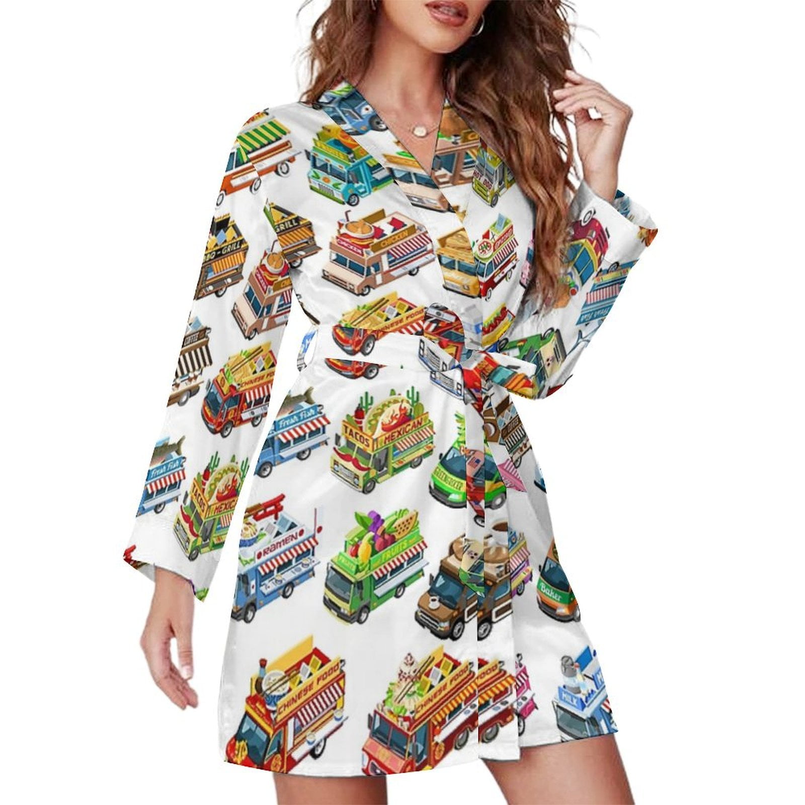 Food Truck Take Away Night Robe Long Sleeve V Neck Robe With Belt Women ...
