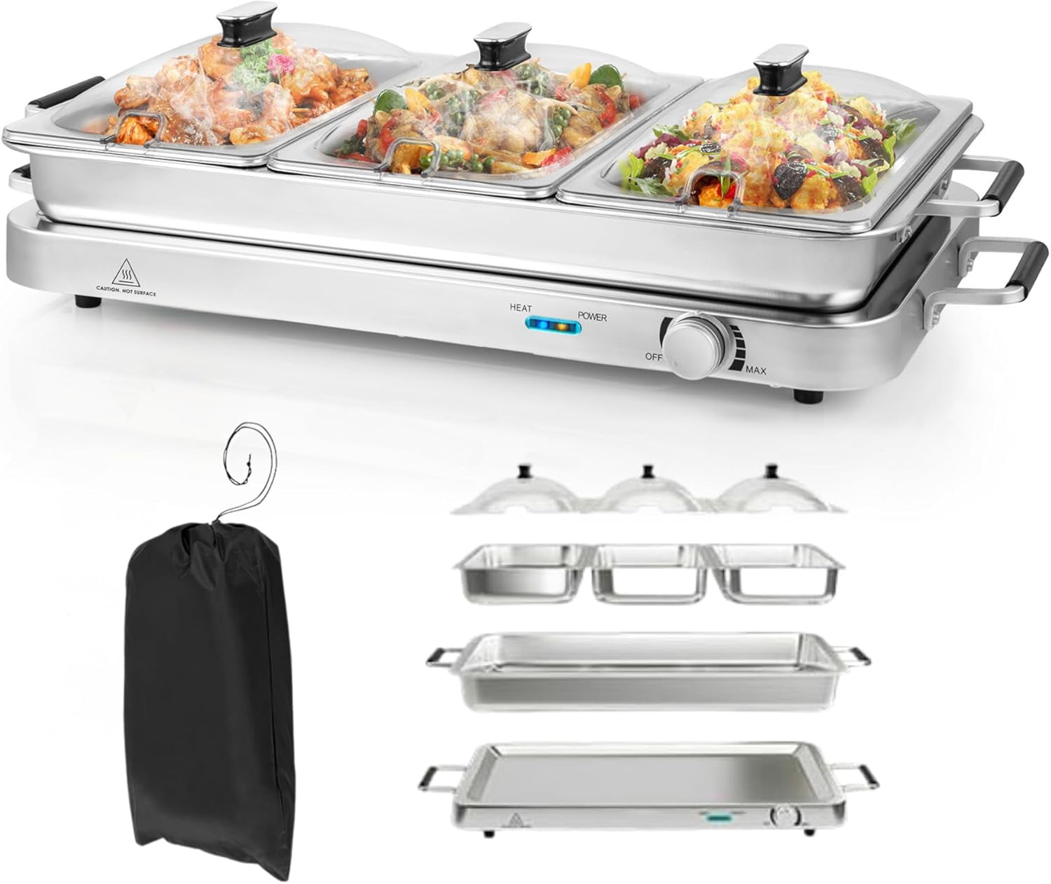 Food Warmer, 2-in-1 Buffet Warmer w/ 3 Food Pans & Lids, Adjustable ...