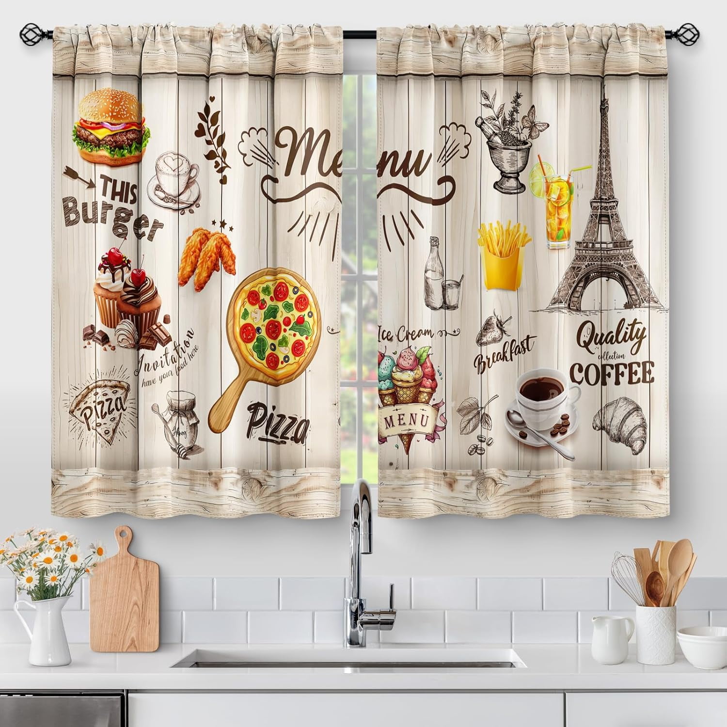 Food Wood Kitchen Curtains - Menu Pizza Burger Cafe Farmhouse Small ...