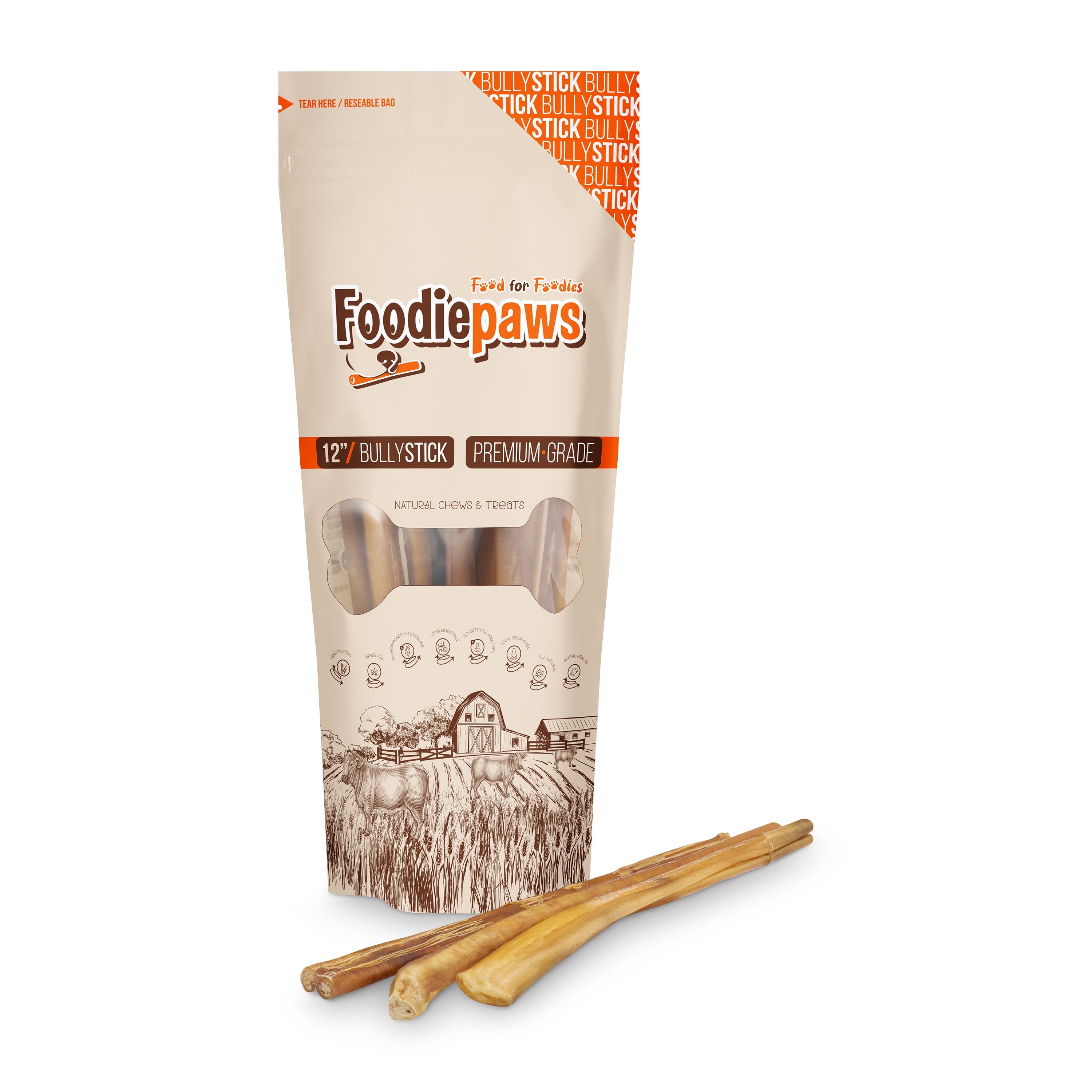 FOODIEPAWS 12 Inch Bully Sticks for Dogs, 5 Pack | All Natural, Grass ...