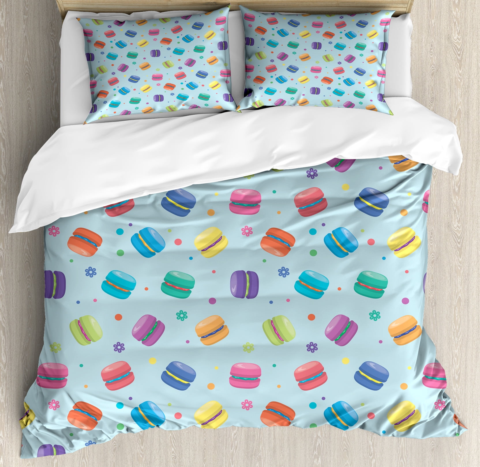 Foods Duvet Cover Set, Colorful Macarons Pattern Along Small Flower ...