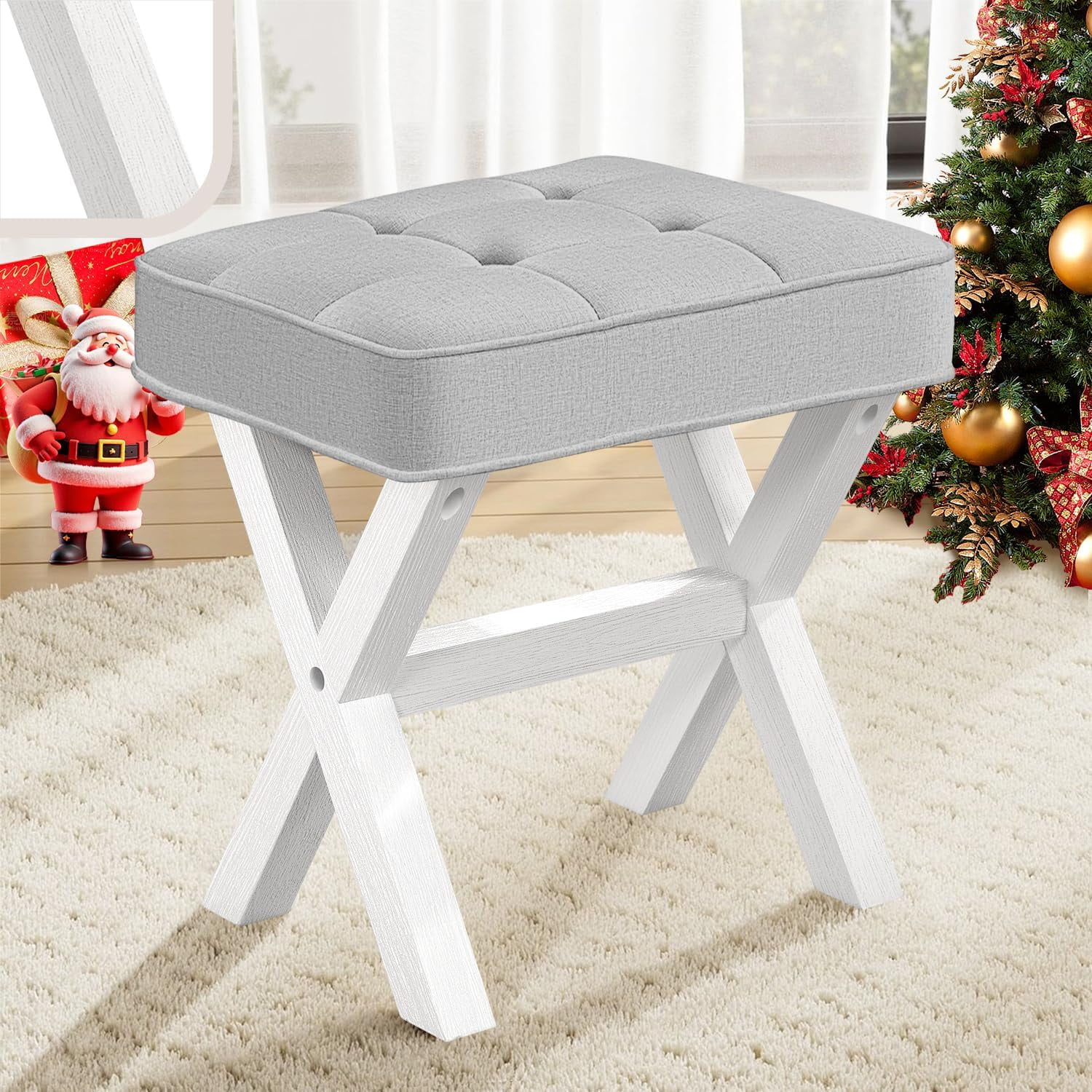 Ottoman Foot Stool, Upholstered Cushion Vanity Stool with White Wood X ...