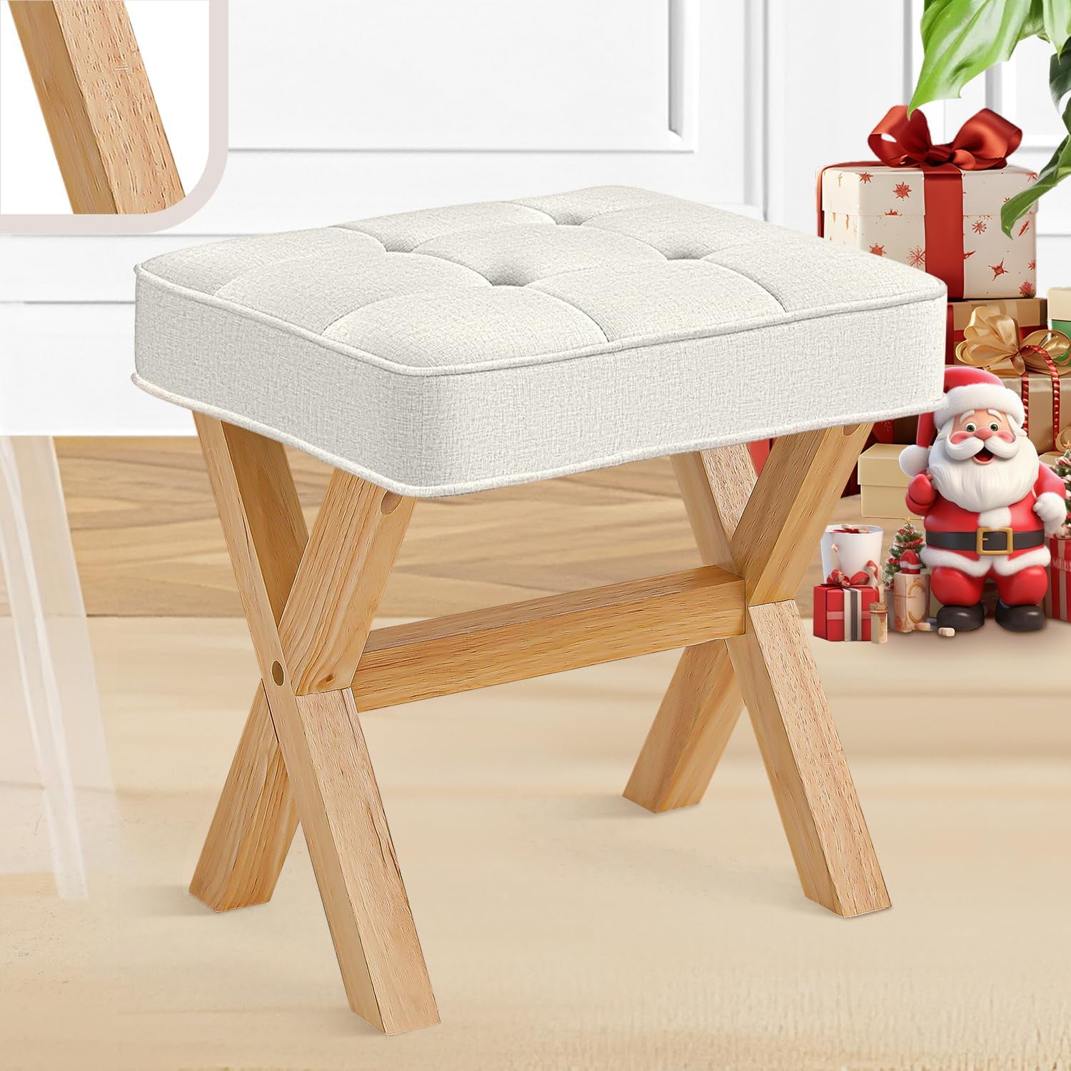 Foot Stool, Upholstered Cushion Vanity Stool with Wood X-Leg,Small Make ...