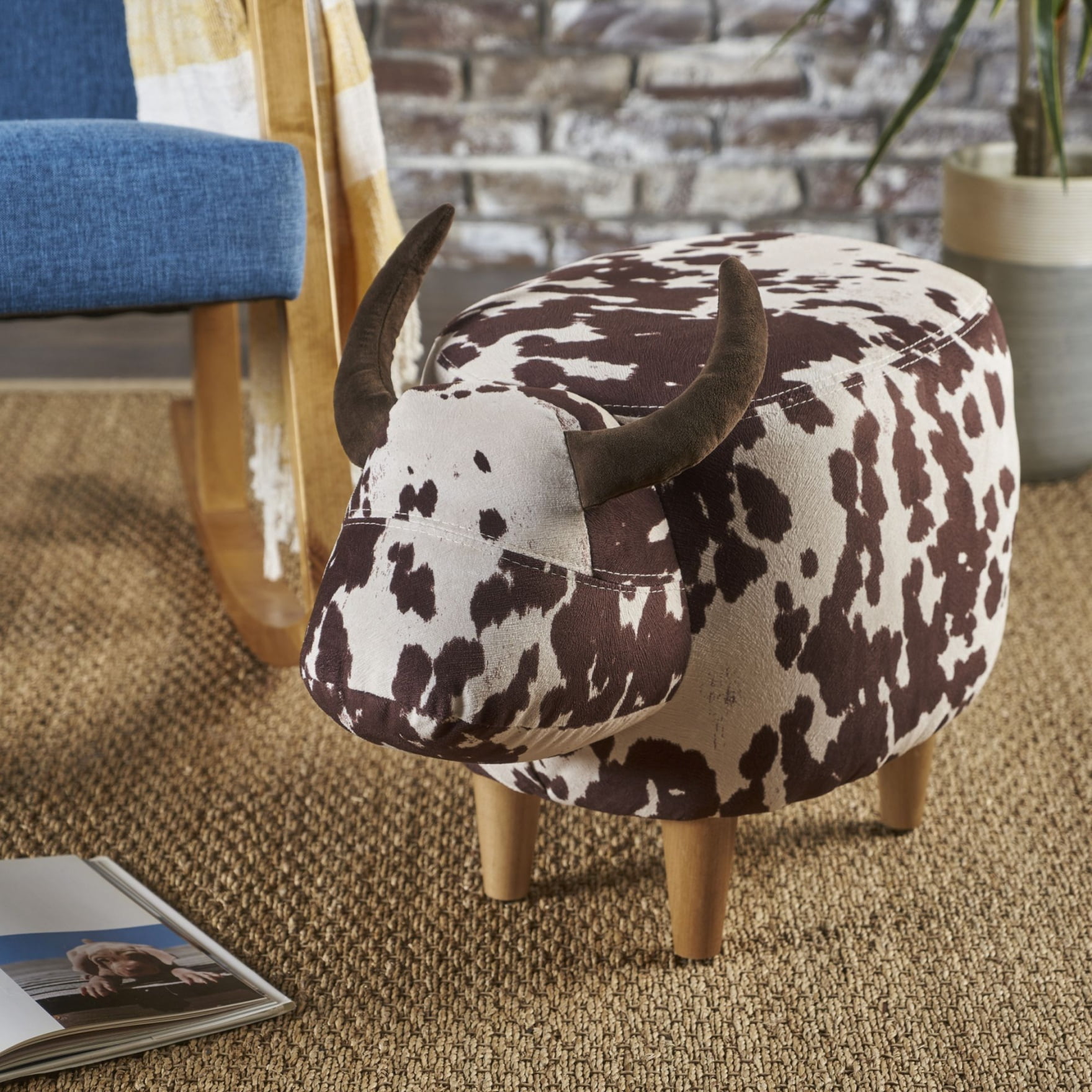 Foot Stools Ottoman, Cow Ottoman Stool with 4 Wooden Legs, Foot Stool ...