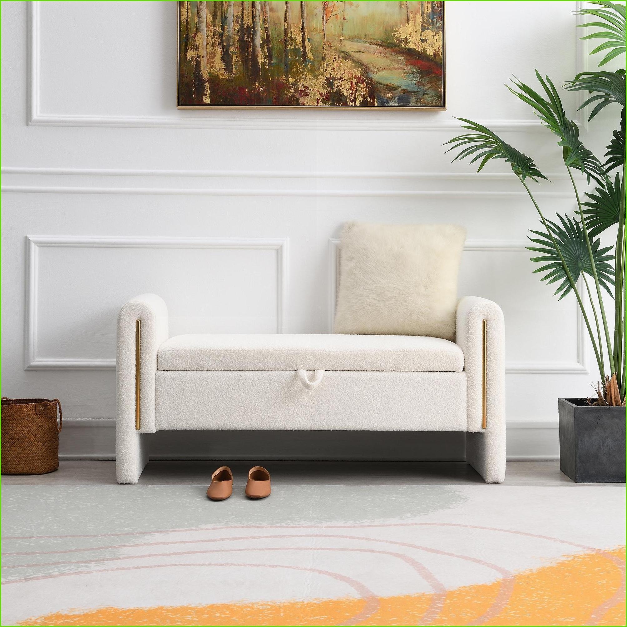 Foot Stools with Storage & Arms, Modern Cream Teddy Fabric Ottoman ...
