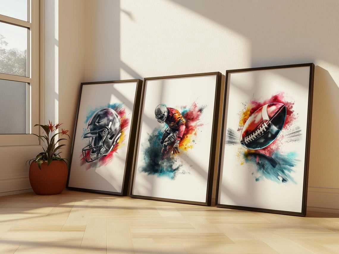 Football Art Print Sports Theme Decor Athletic Wall Art Set 3 Stretched ...