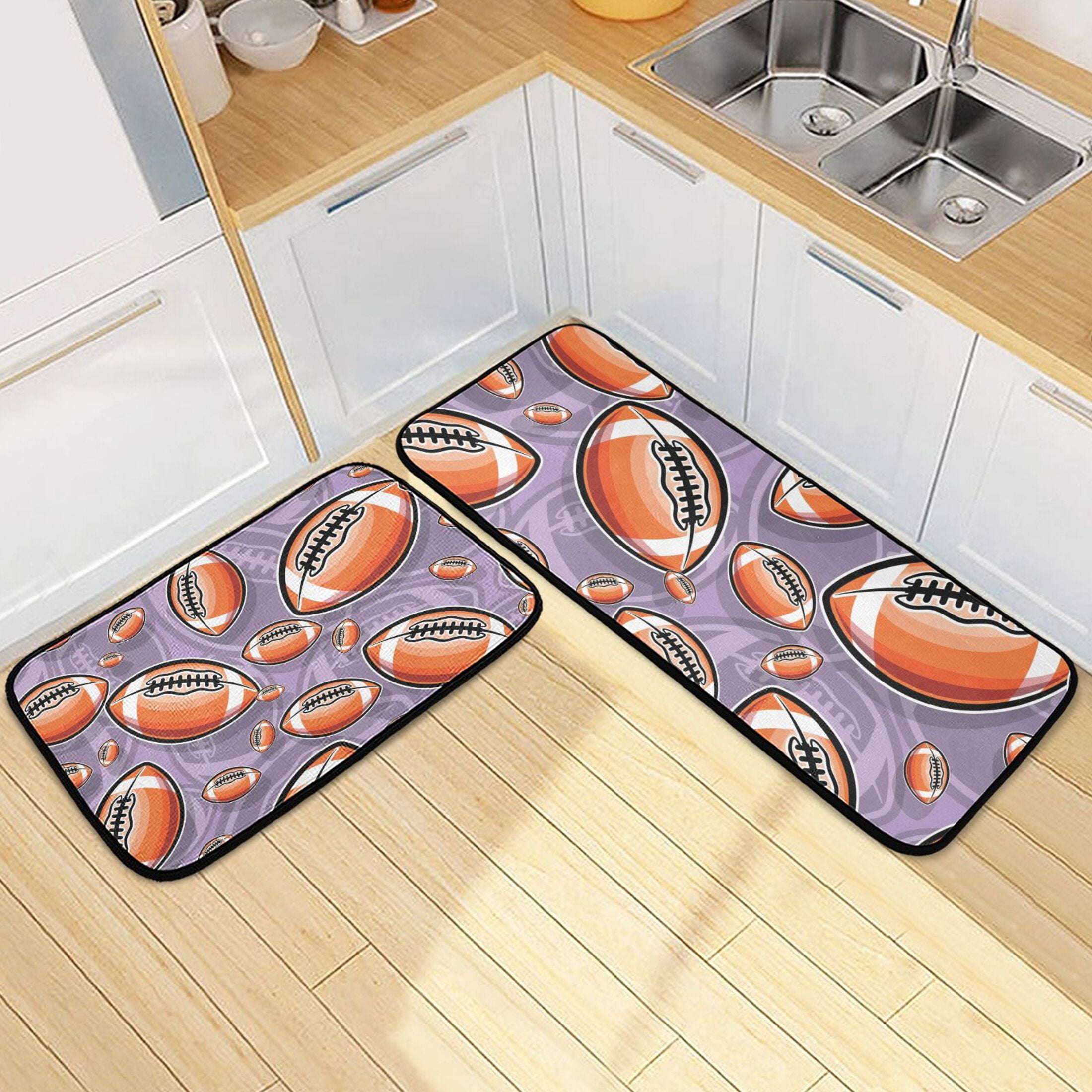 Football Balls Kitchen Rugs Set of 2 Non Slip Floor Foam Mat Cushioned ...
