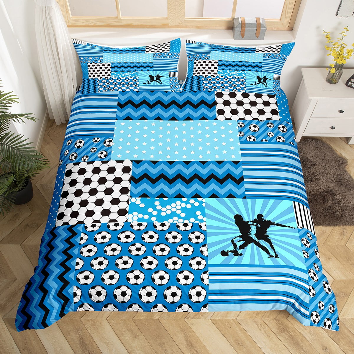 Football Bedding Set Light Blue Teal Sports Ball Comforter Cover Teens ...