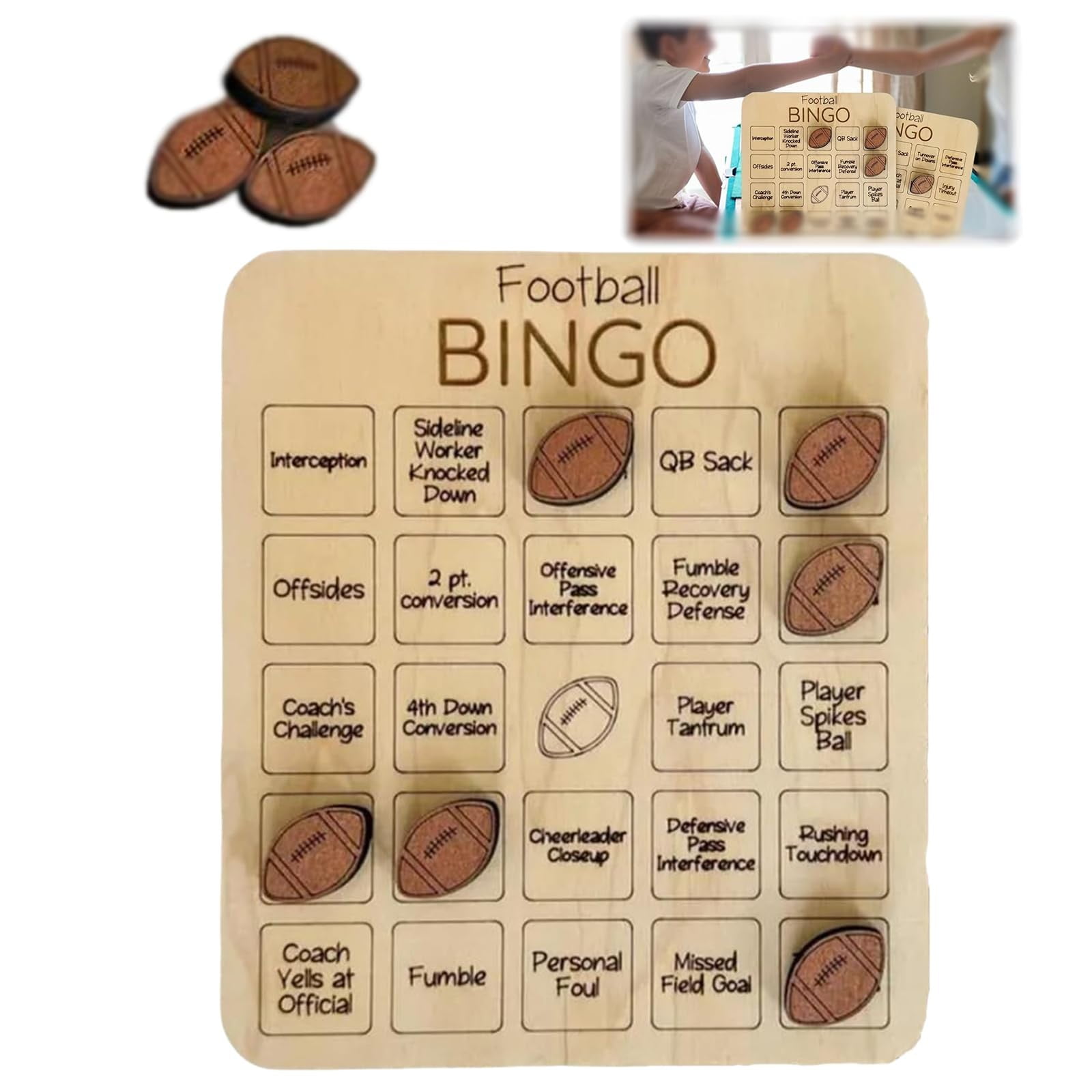 Football Bingo Game, Wooden Rugby-Themed Bingo Game, Tic-Tac-Toe Board ...