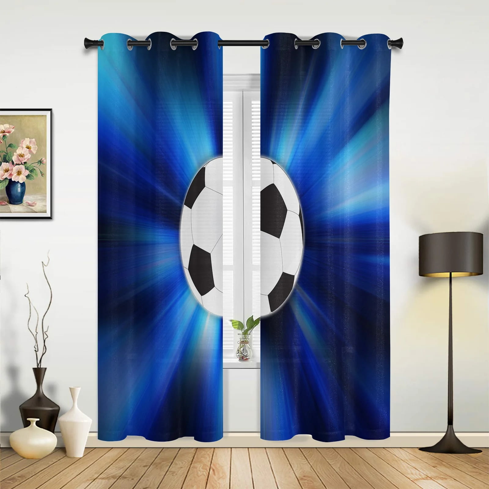 Football Blue Art Window Curtain for Kitchen Balcony Windows Fashion ...