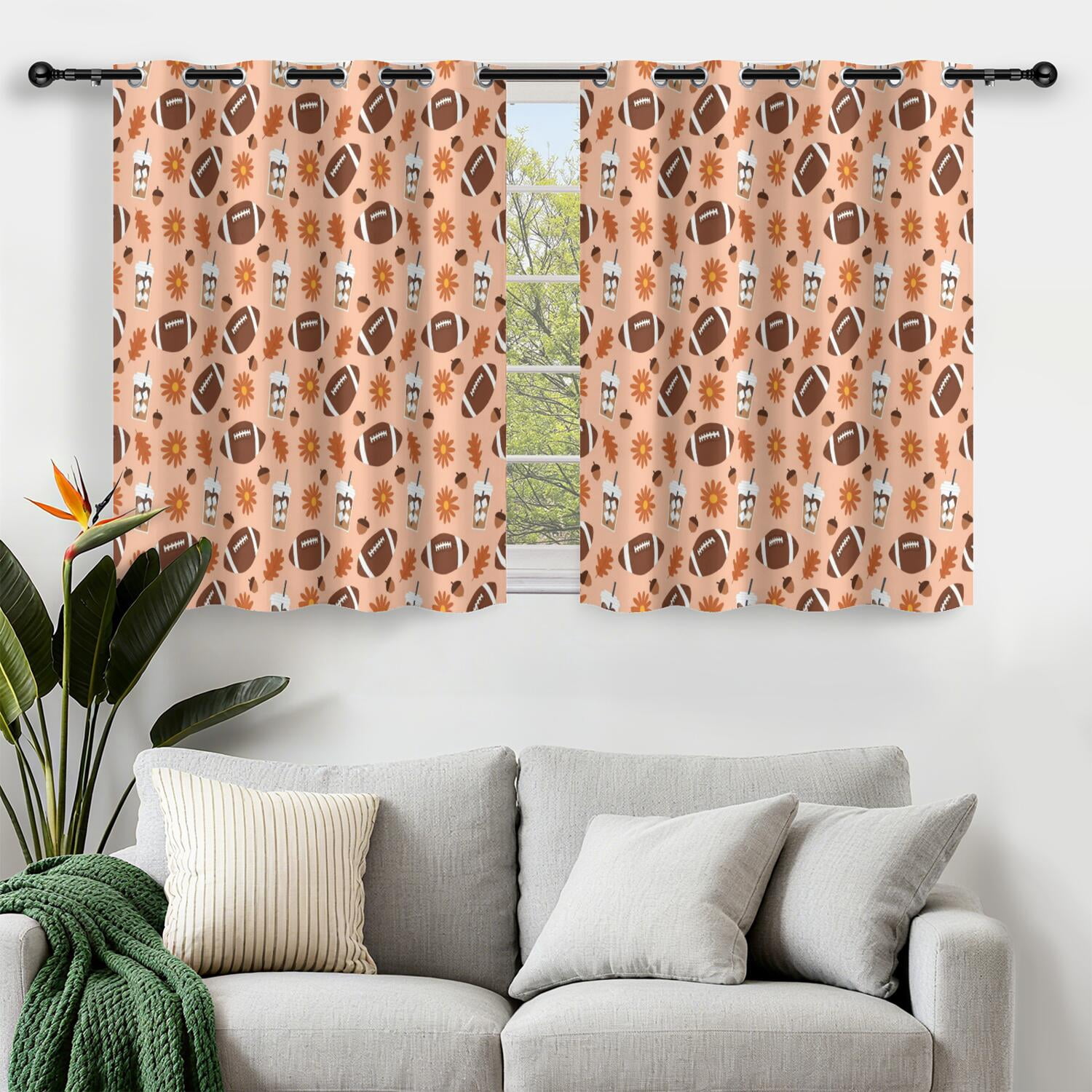Football Coffee Cup Orange Pattern Blackout Curtains,Triple Weaved ...