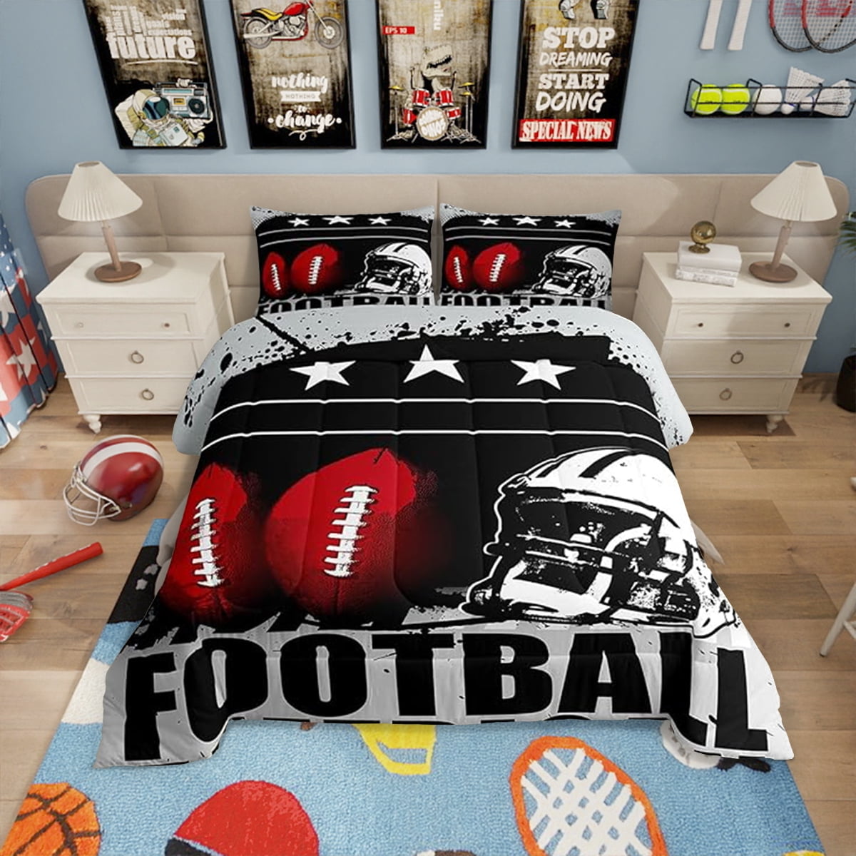 Football Comforter Sports Theme Bedding Set Soccer Ball Black White Red ...