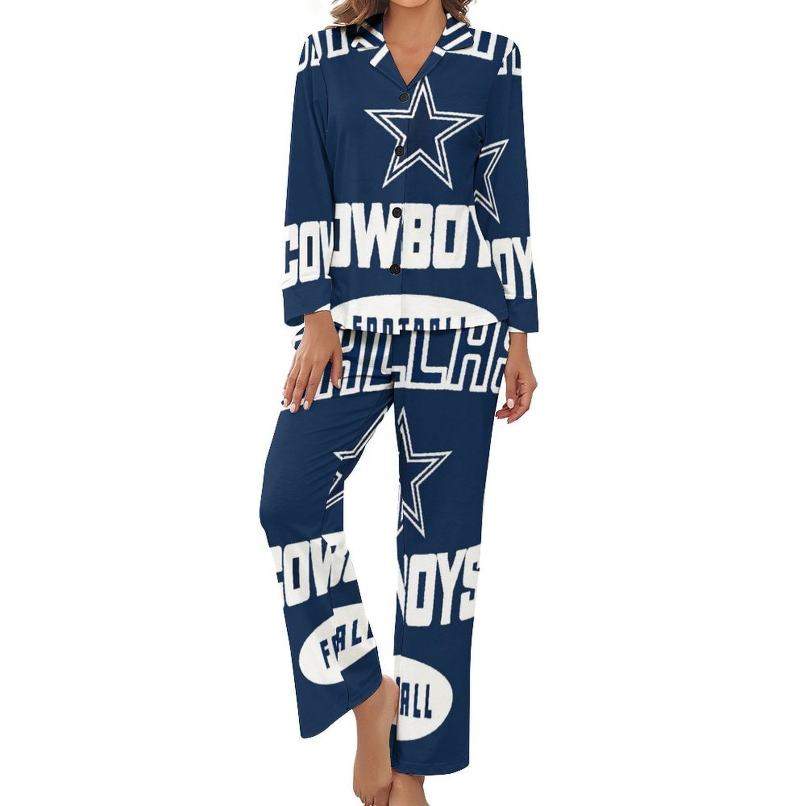 Football Cowboys Printed Pajama Set for Couples, Women Men Long Sleeved ...