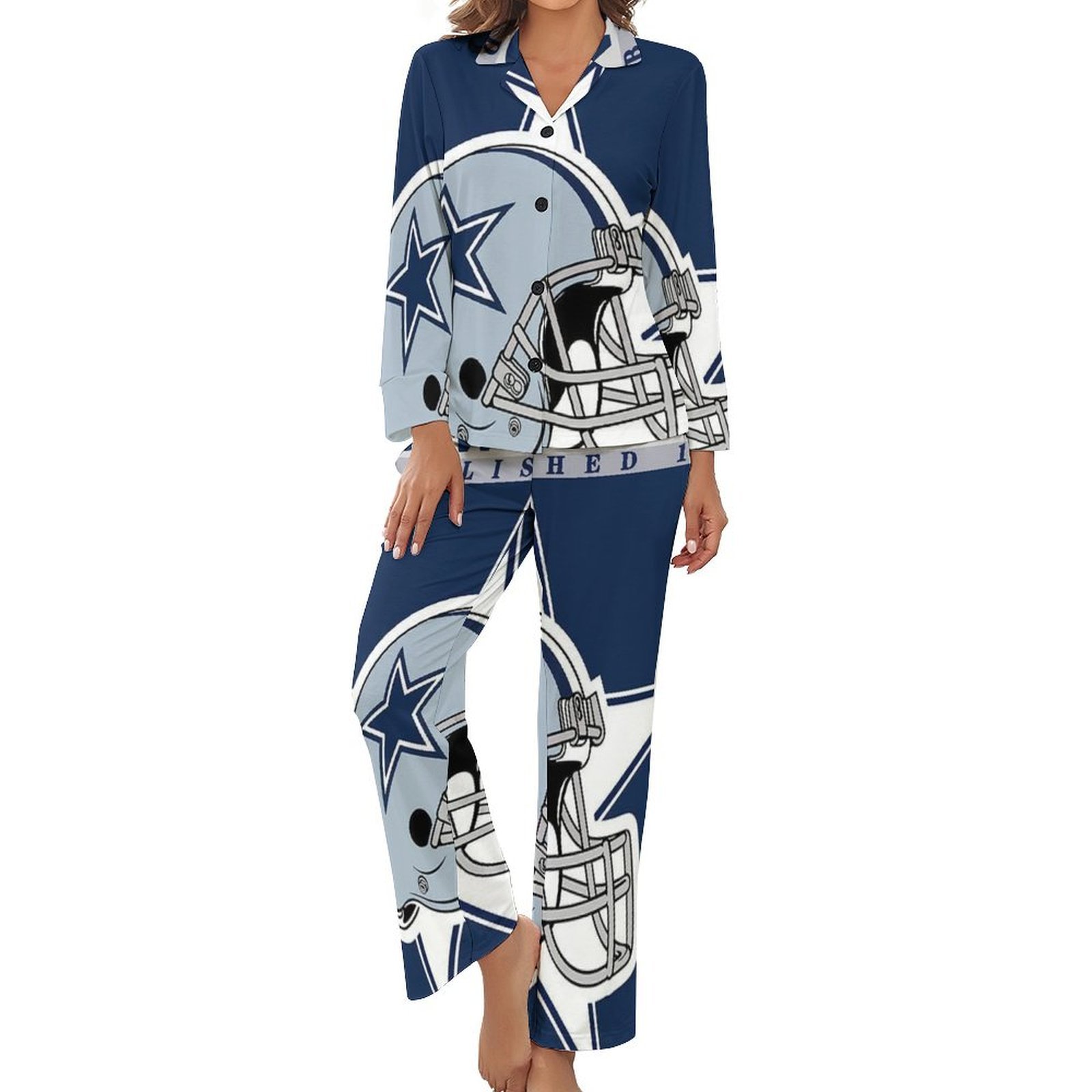 Football Cowboys Printed Pajama Set for Couples, Women Men Long Sleeved ...