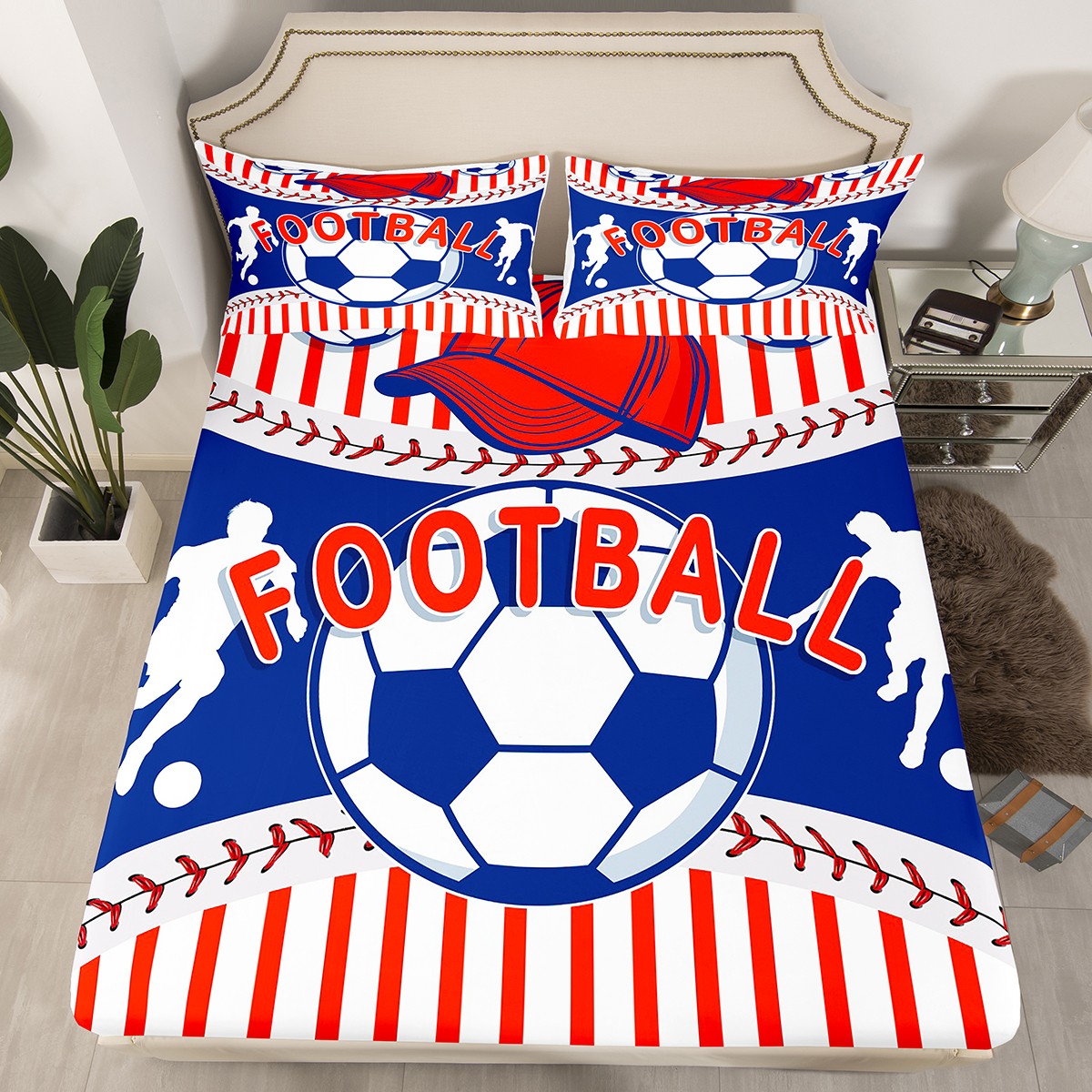 Football Fitted Sheet Queen Size,Soccer Bedding Set Teens Room Decor ...