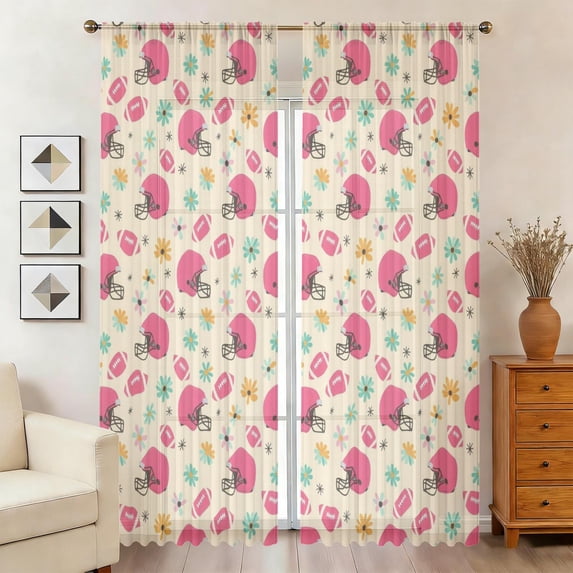 Football Flower Pink Pattern Sheer Curtains, Rod Pocket Sheer Drapes ...