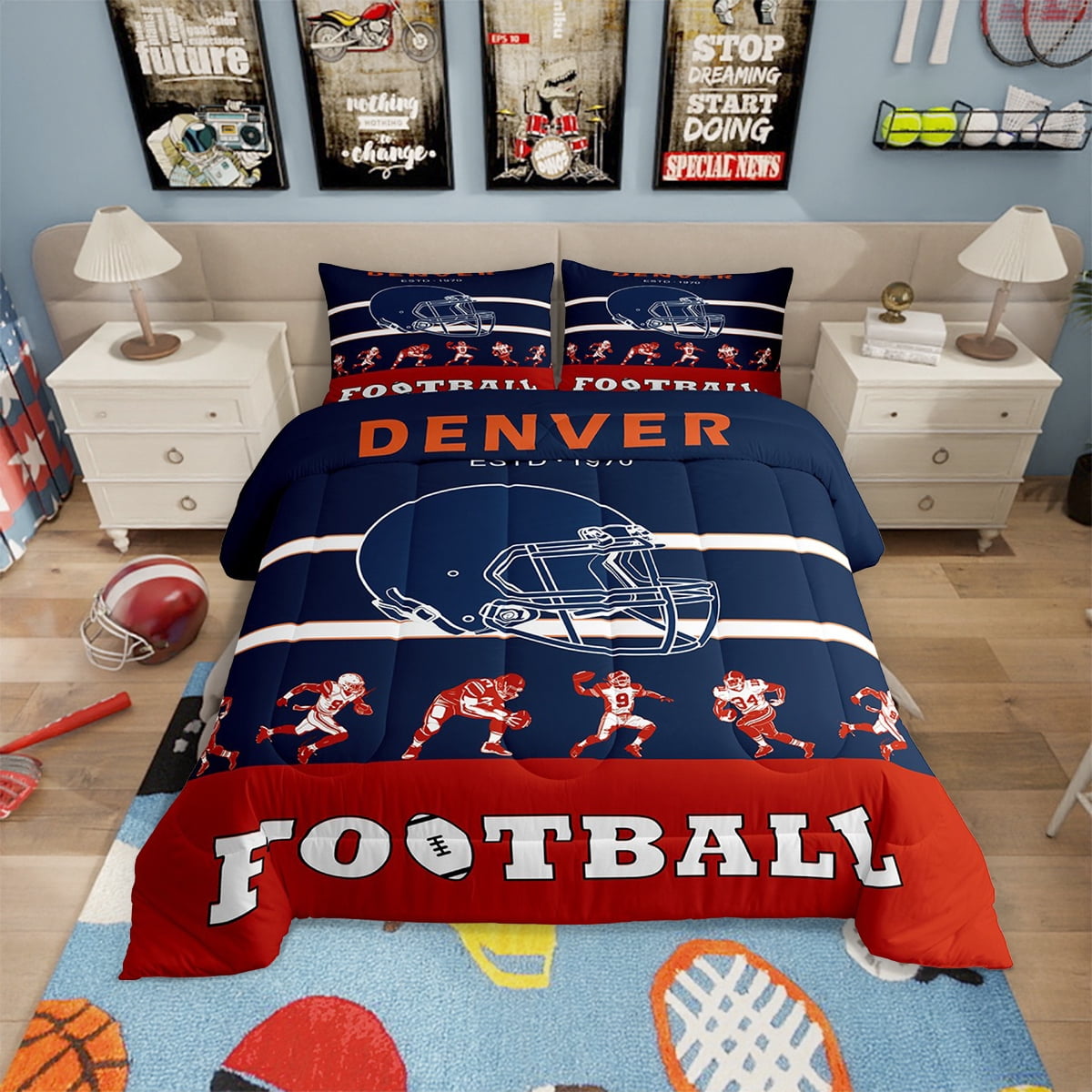 Football Full Comforter ,American Football Bedding Sets,Navy Blue Red ...