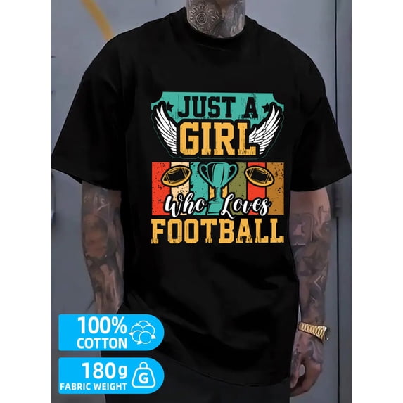 Football Girl Tee men's black 180G 100% Cotton Breathable fabric, crew ...