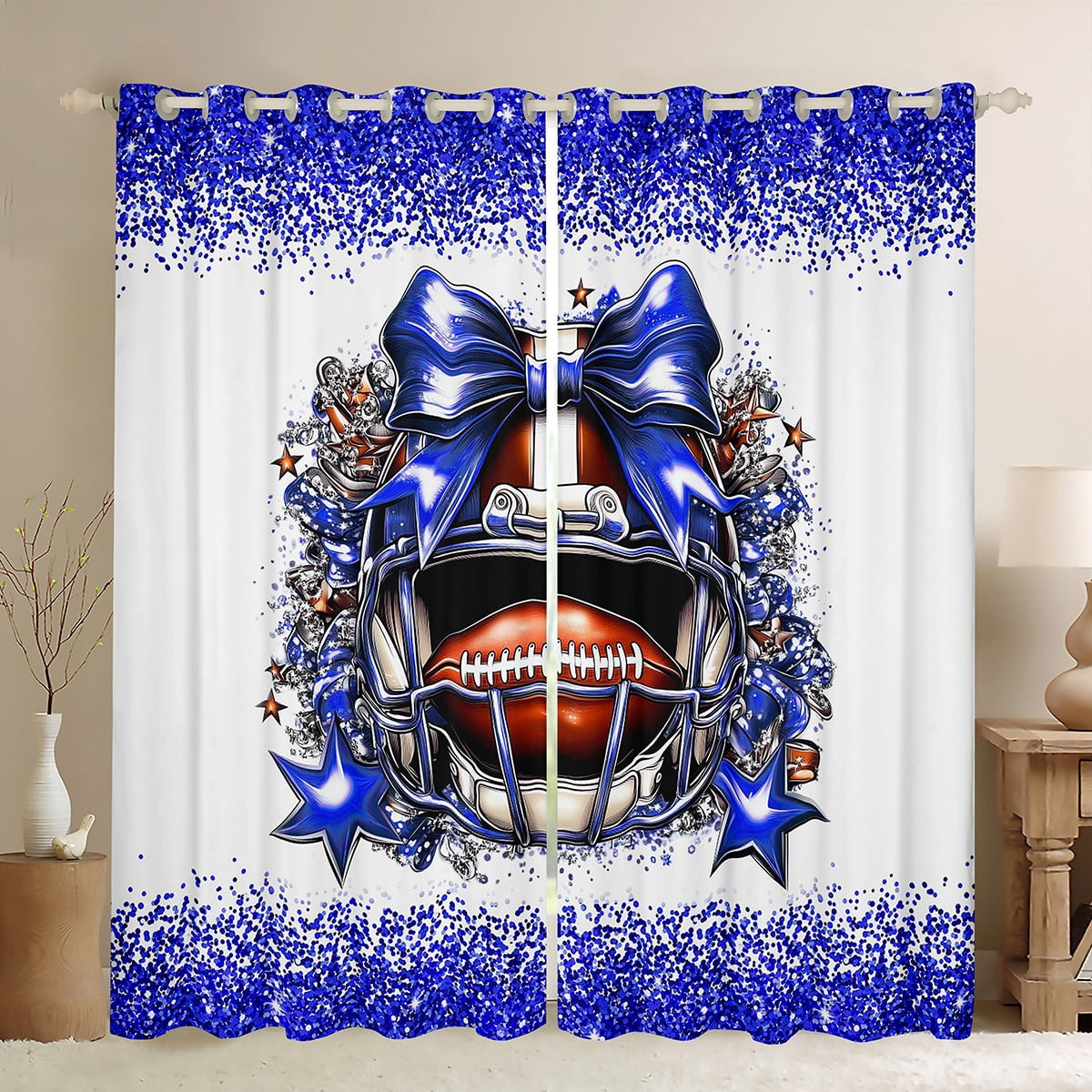 Football Helmet Window Curtains Blue Bowknot Stars Glitter Print Window ...