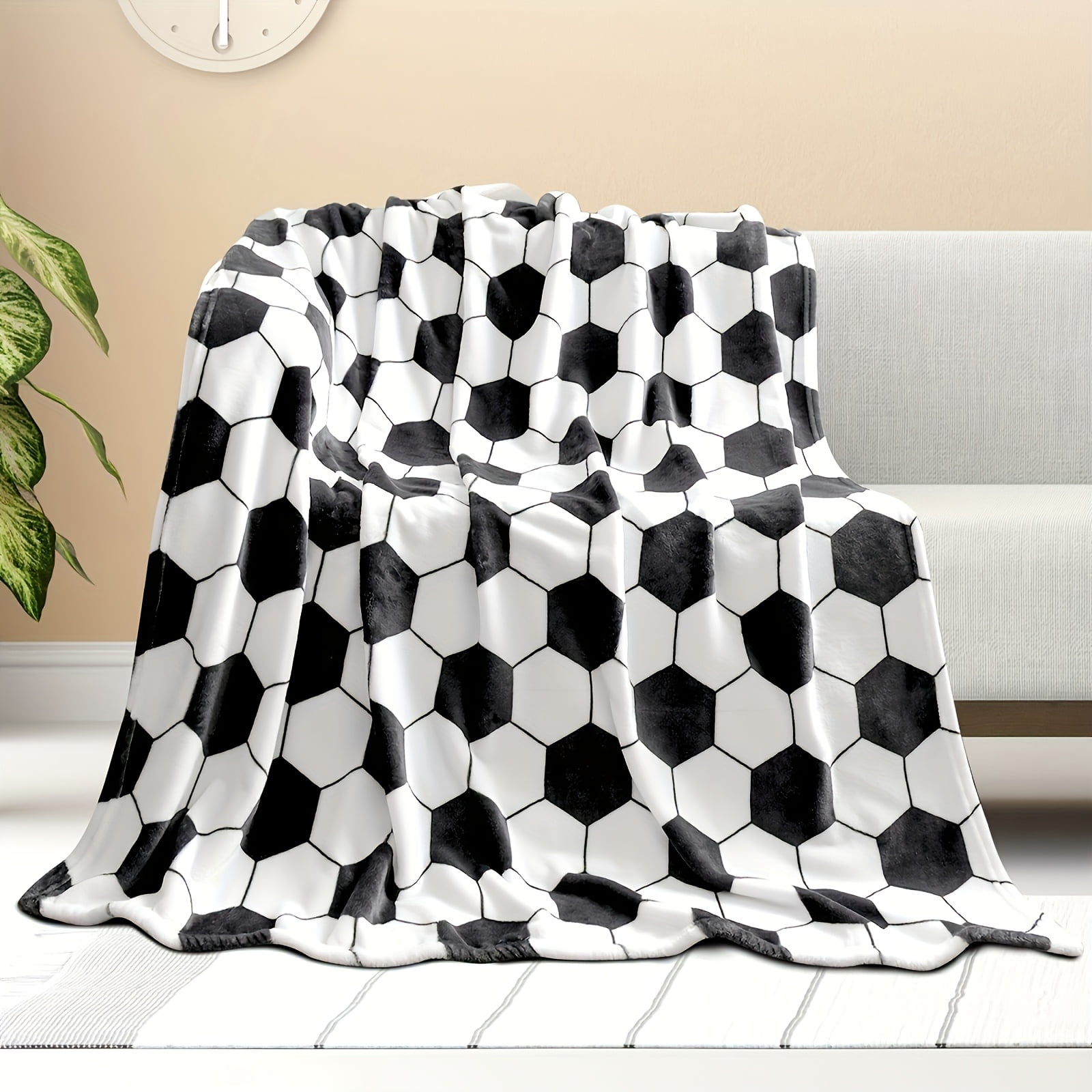 Football-Inspired Hexagon Pattern Flannel Blanket - Black & White ...