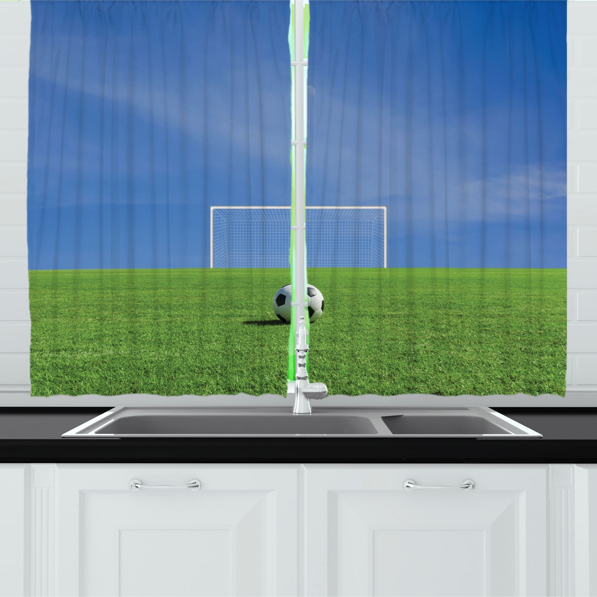 Football Kitchen Curtains, Horizon Open Sky and Grass Field Soccer ...